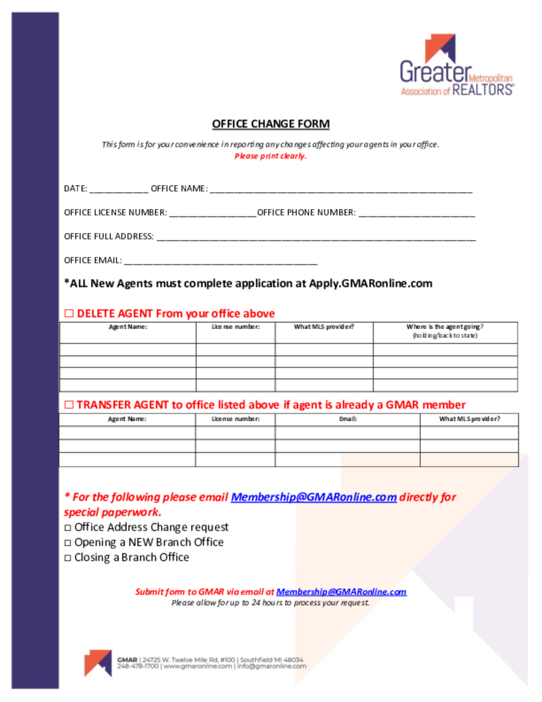 Office Change Form | Greater Metropolitan Association of Realtors