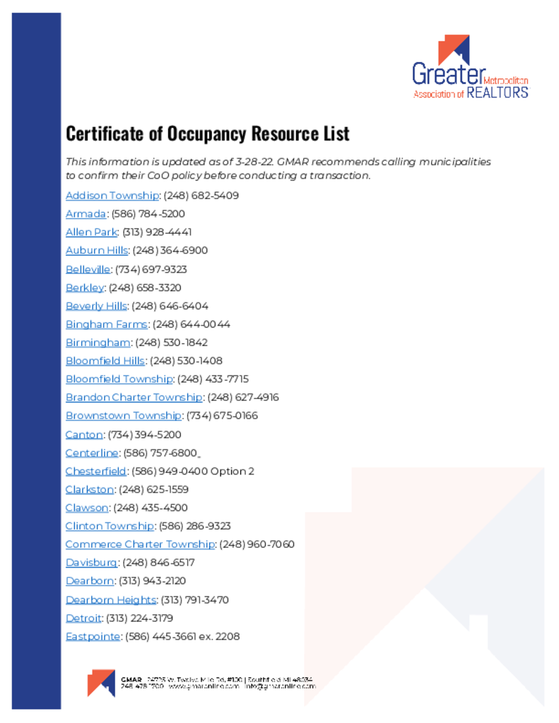 Certificate of Occupancy List | Greater Metropolitan Association of ...